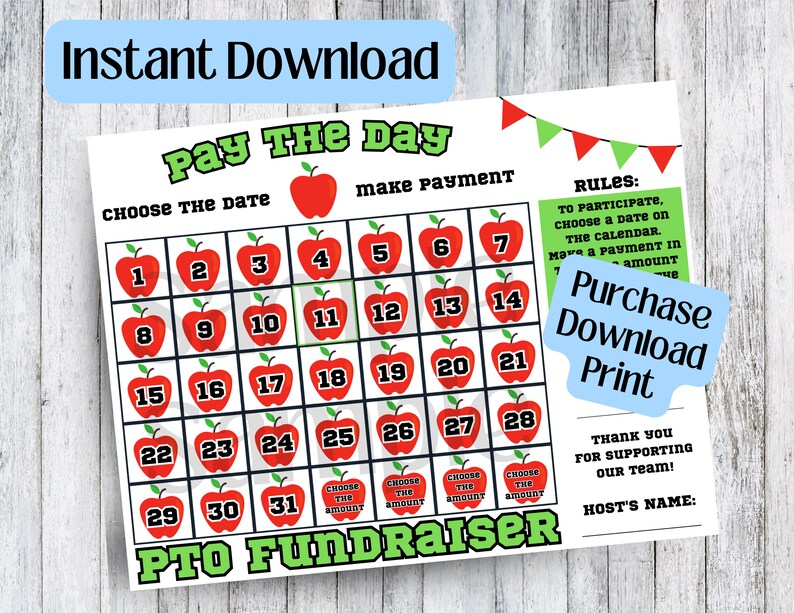 Pay the Day School Teacher Classroom PTO Fundraiser Cash Calendar ...