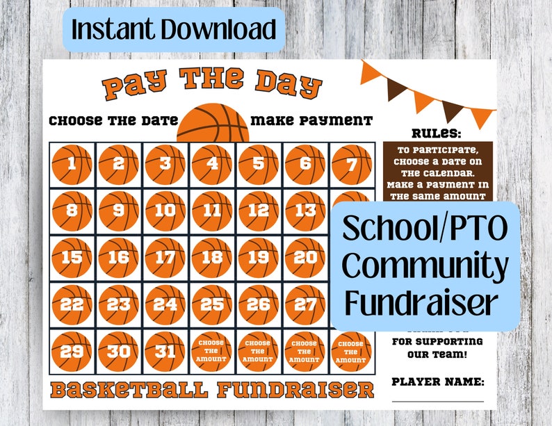 Pay the Day Basketball Fundraiser | Cash Calendar | School PTO ...