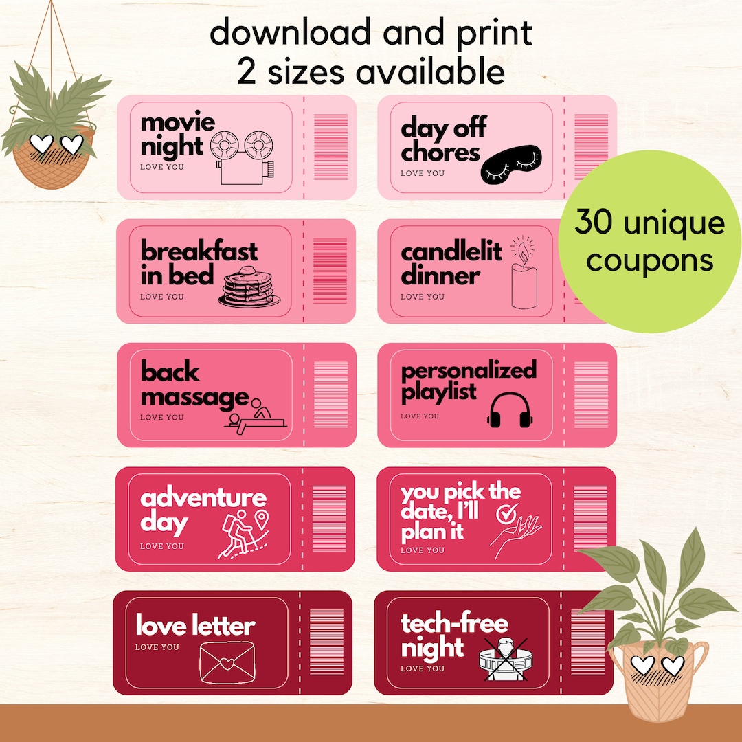 Pink Printable Love Coupons for Valentine's Day | 2 Sizes | for Couples ...