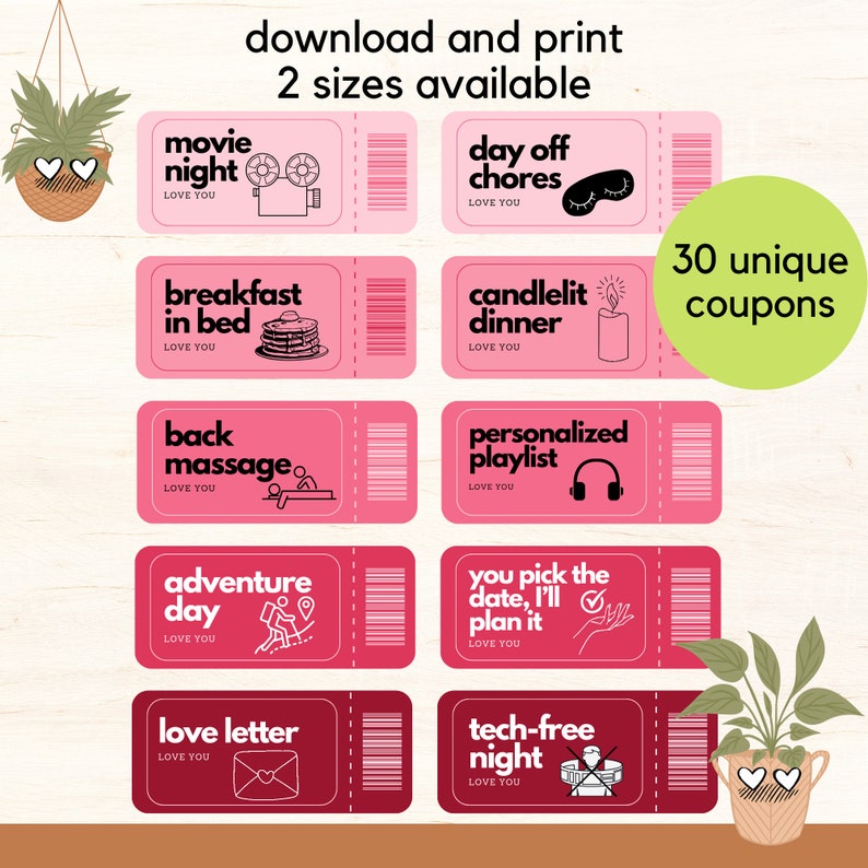 Pink Printable Love Coupons for Valentine's Day | 2 Sizes | for Couples ...