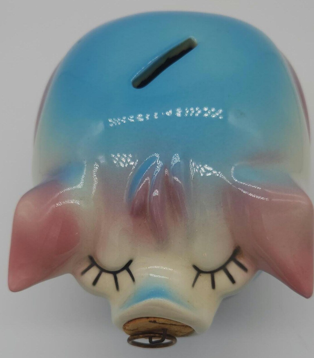 Vintage Hull Pottery Corky Pig Ceramic Piggy Bank Blue and Pink Glaze ...