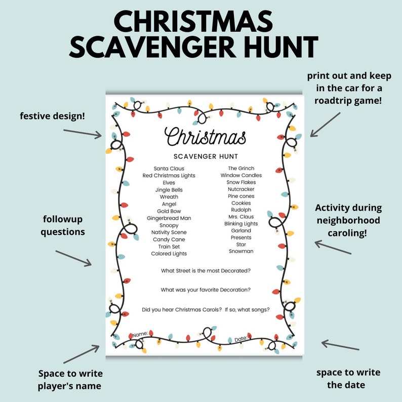Christmas Scavenger Hunt, Holiday Scavenger Hunt, Holiday Car Game ...