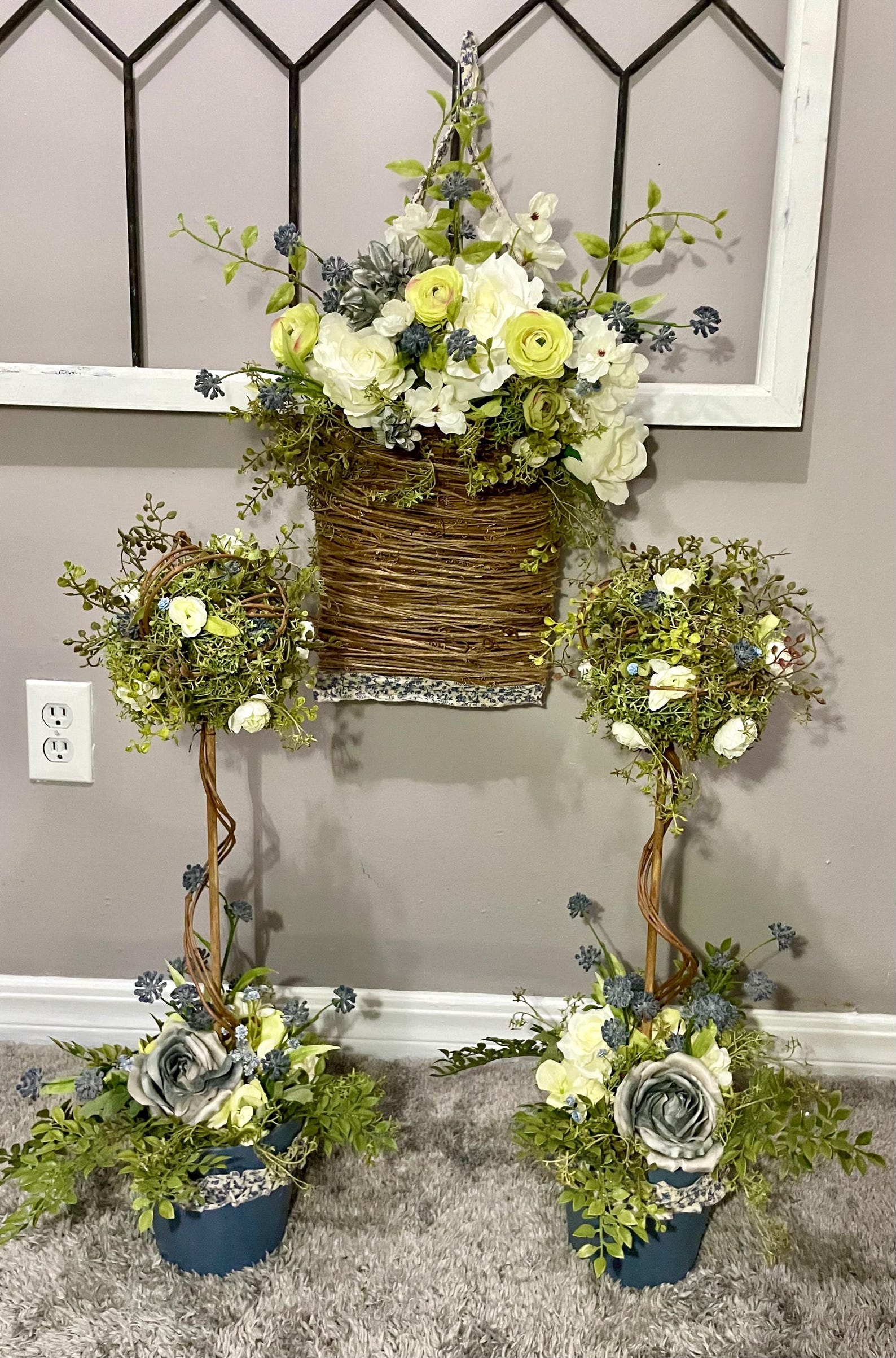 French Country Three Piece Front Porch Decor. Elegant Sea Grass Hanging Door Basket With Two ...