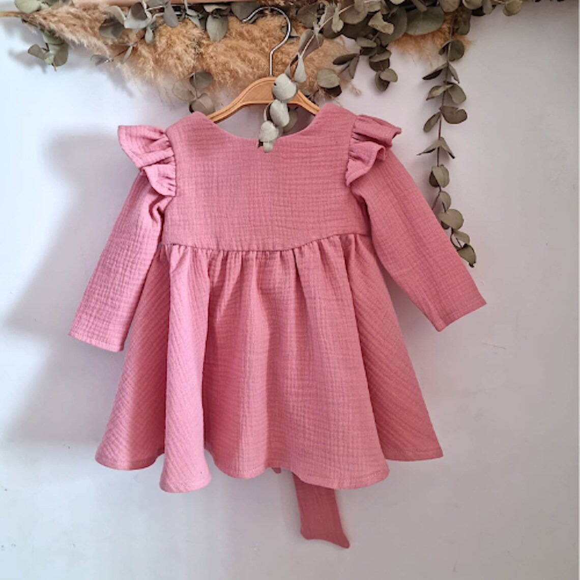 Girl Powder Pink Dress Autumn Long Sleeve Muslin Dress for - Etsy
