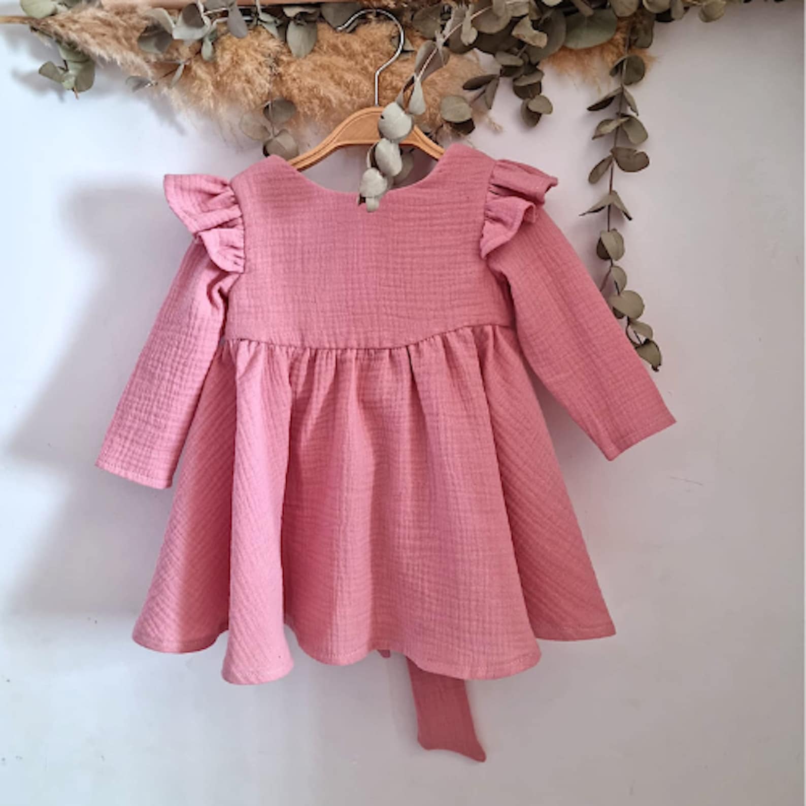 Girl Powder Pink Dress Autumn Long Sleeve Muslin Dress for - Etsy