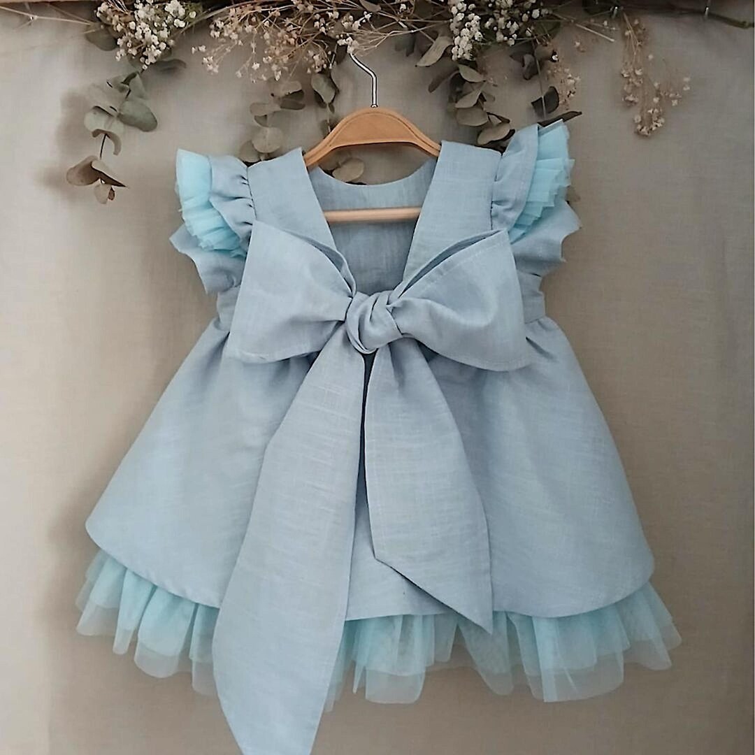 Light Blue Linen Flower Girl Dress Short Sleeve, Boho Baptism Dress ...