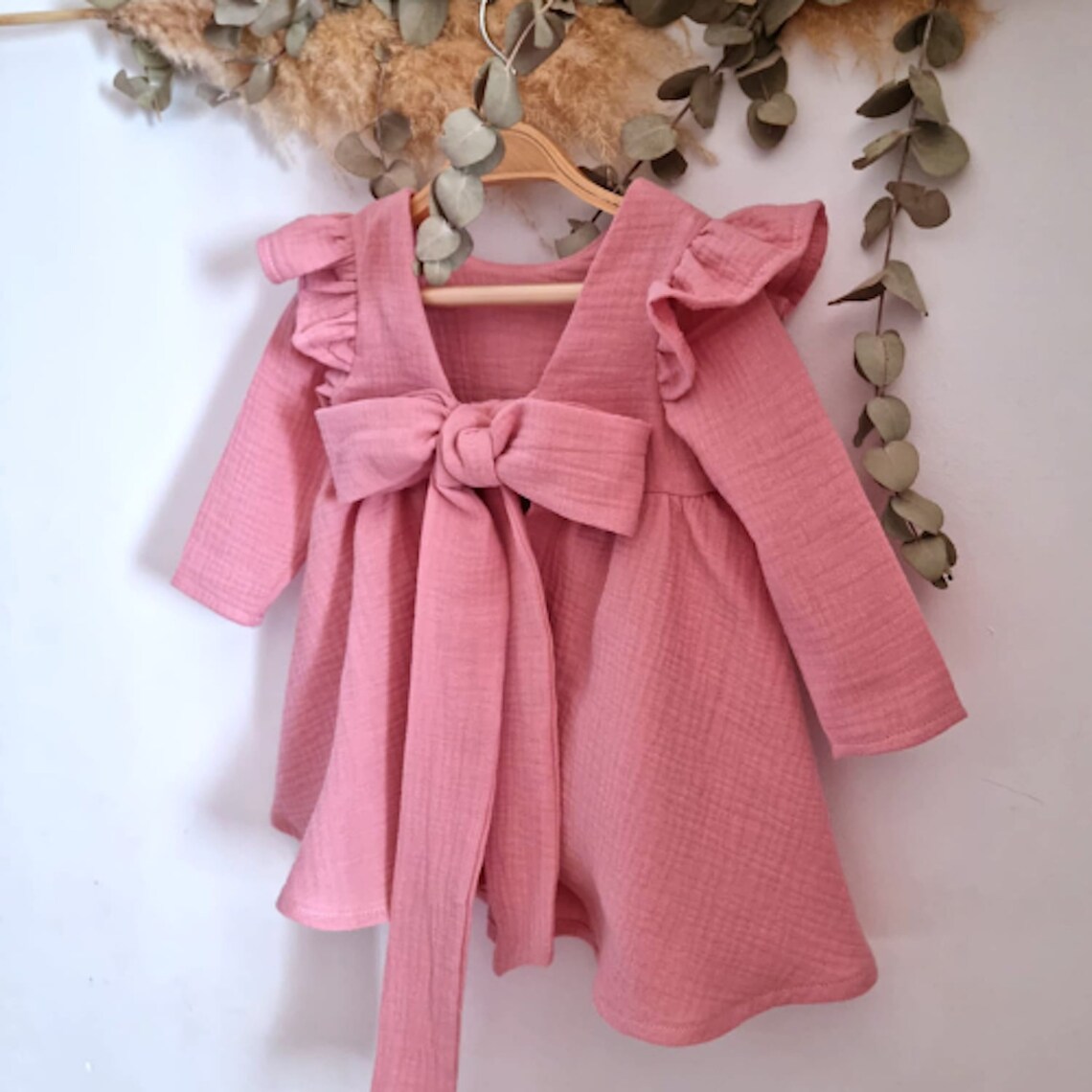 Girl Powder Pink Dress Autumn Long Sleeve Muslin Dress for - Etsy