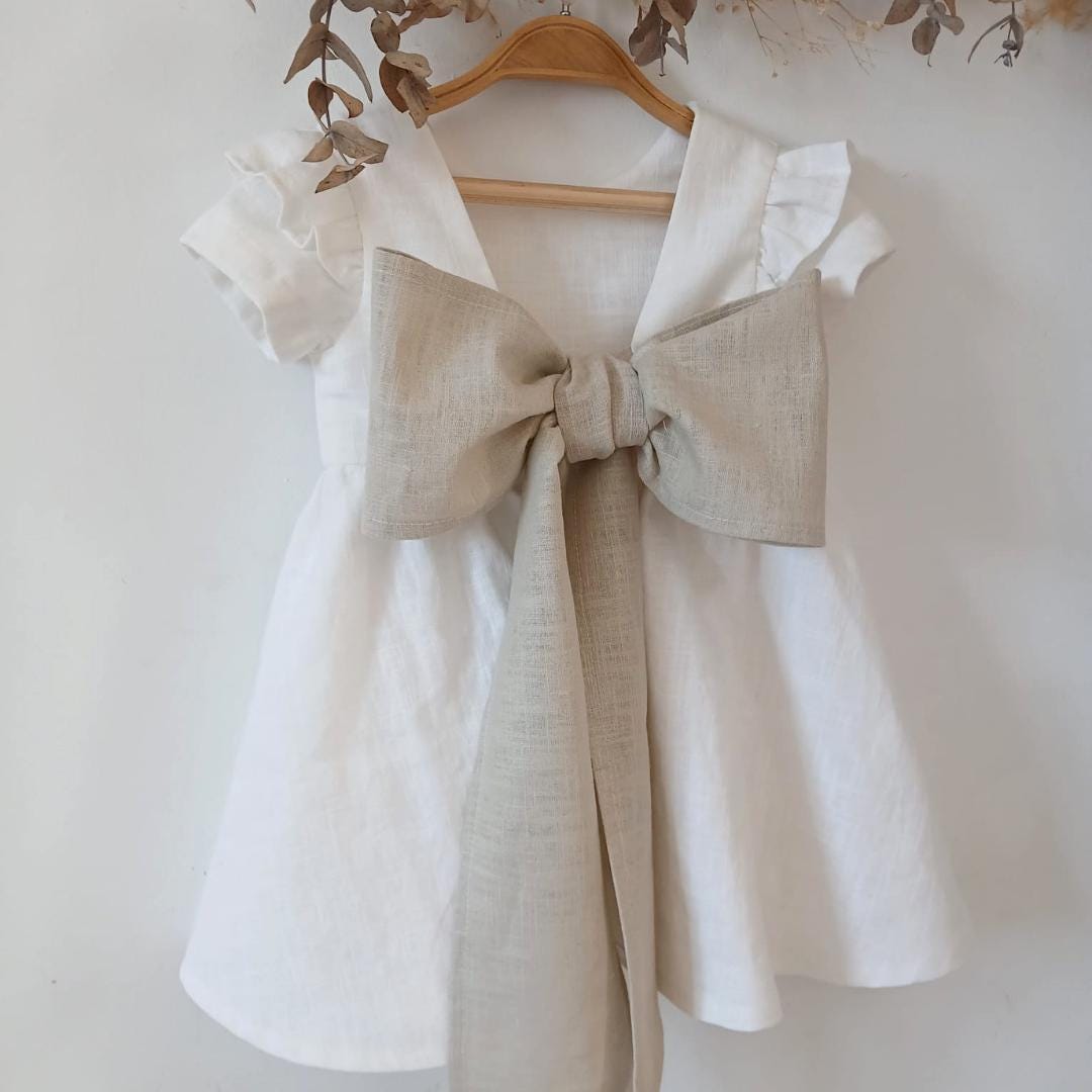 White Linen Baptism Dress, Bubble Dress Baby Girl, Natural Bow Option ...