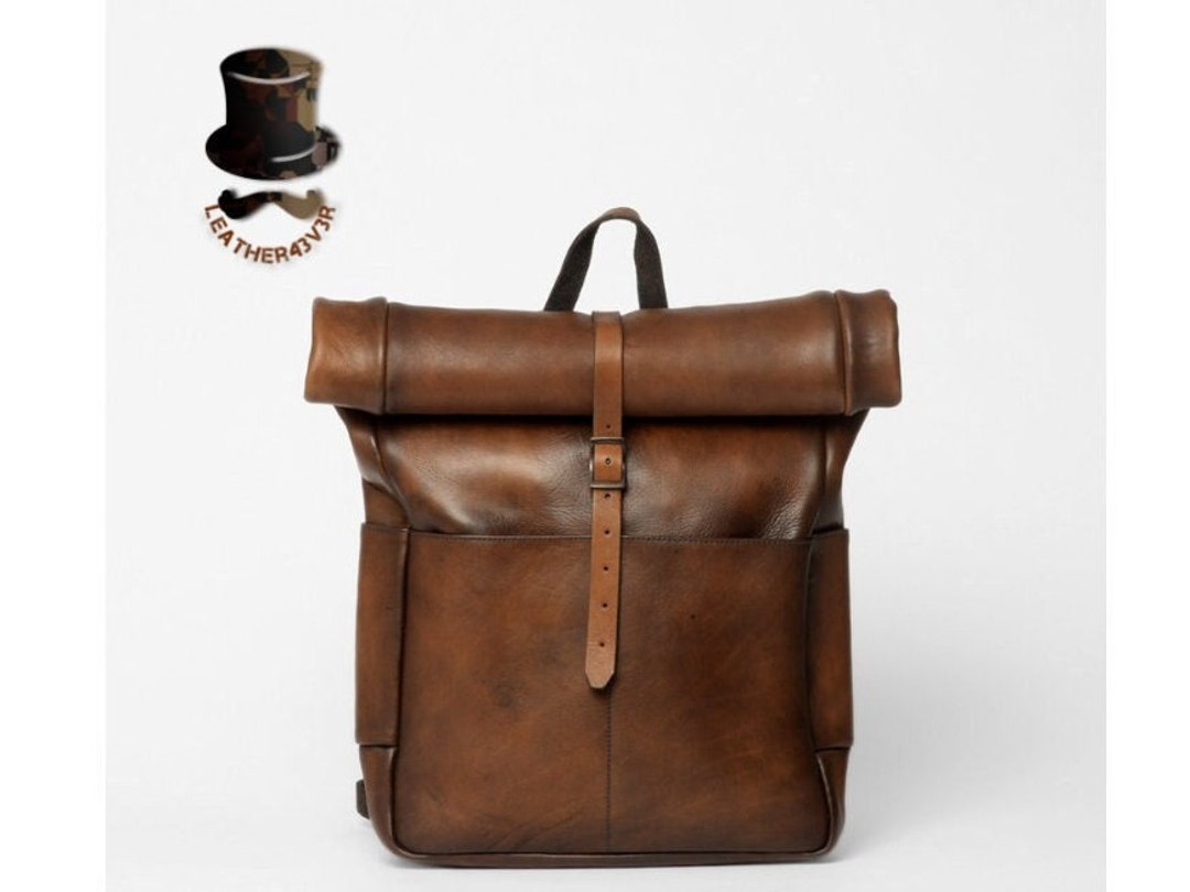Original Leather Roll Top Backpack Vintage Style Hiking Bag - Etsy