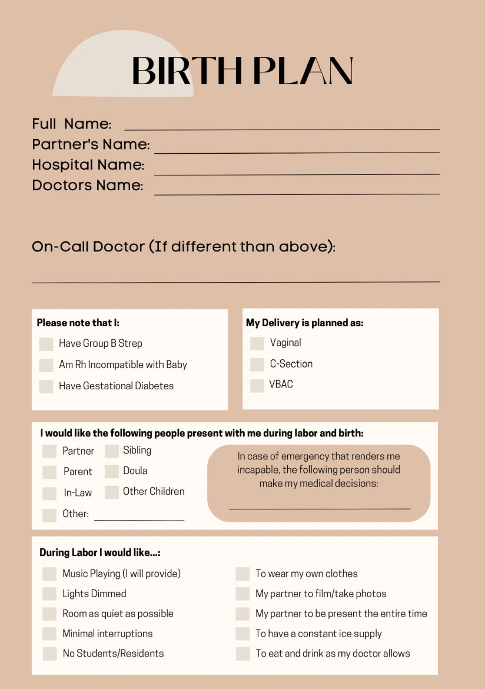 Downloadable Birth Plan | Easy Printable Birth Plan | Birth Plan Print ...