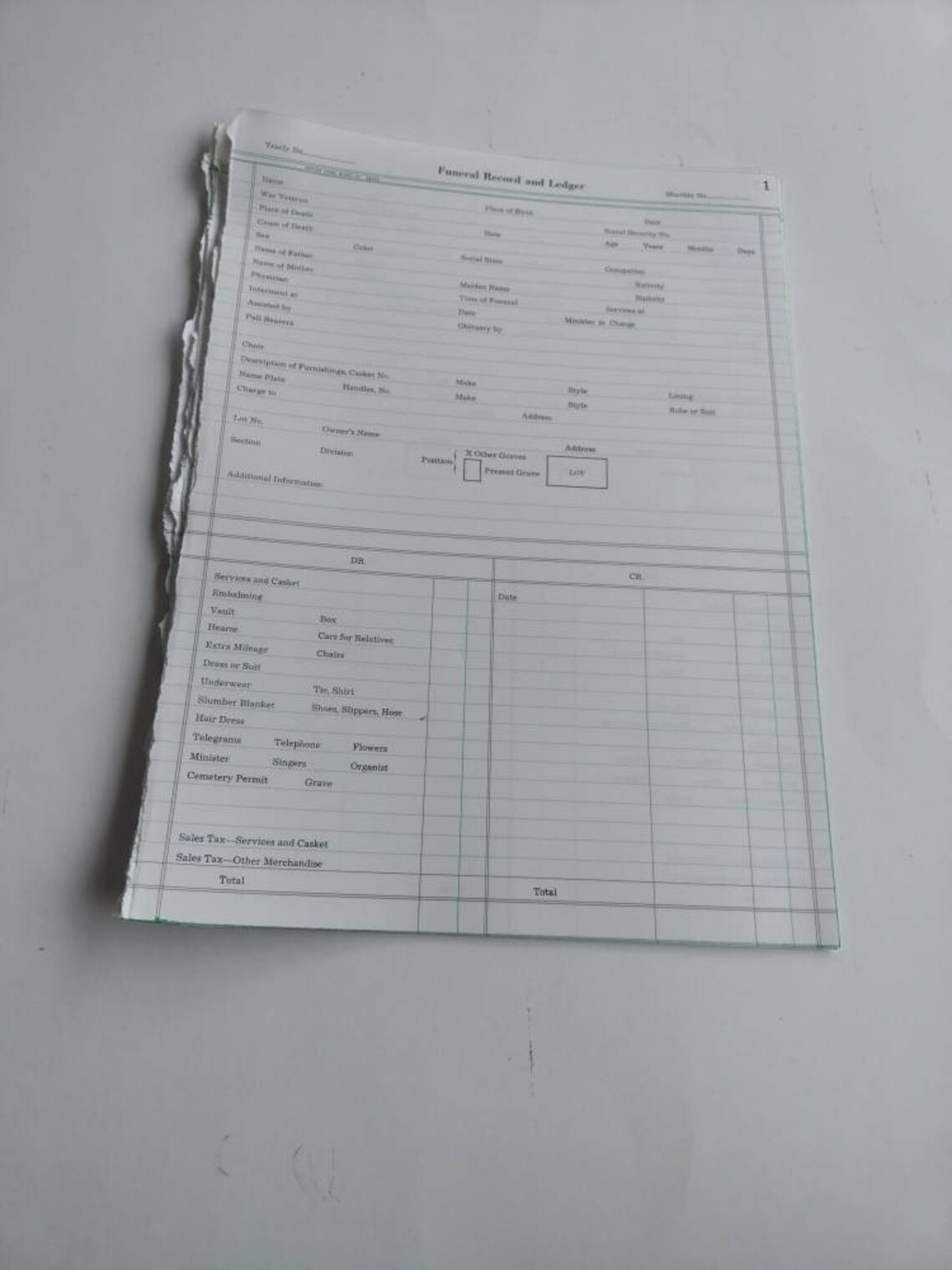 Ledger Paper, Vintage Funeral Home Record and Ledger Paper, Junk ...
