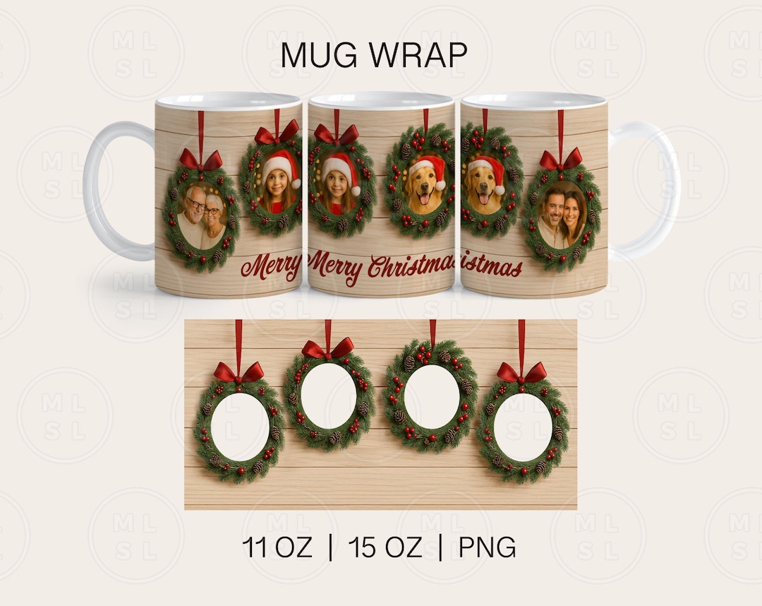 Christmas Mug Wrap PNG, Photo Mug Template 11oz 15oz, Wreath Frame Mug ...