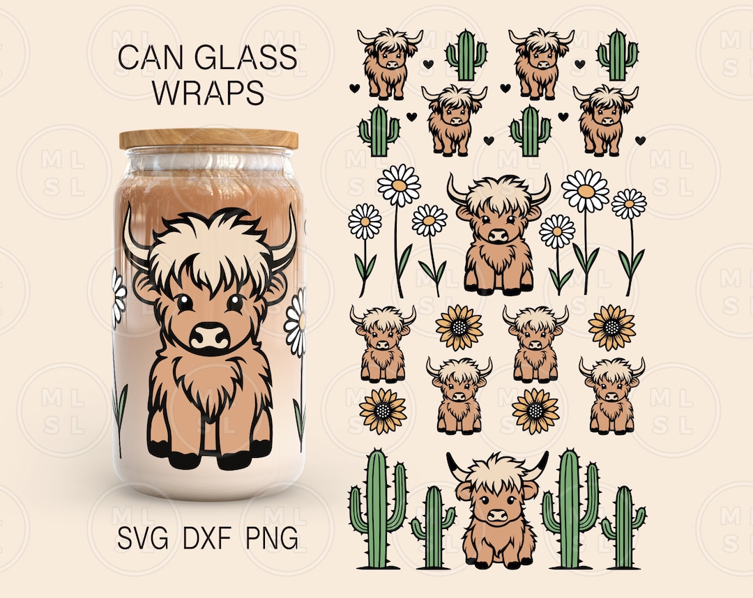 Highland Cow With Cactus Can Glas Wrap Svg, 16oz Can Glass Wrap ...