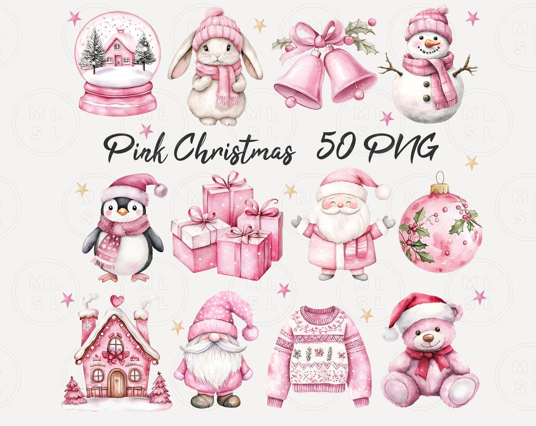 50 Pink Christmas Characters Png, Christmas Clipart, Watercolor Cute ...