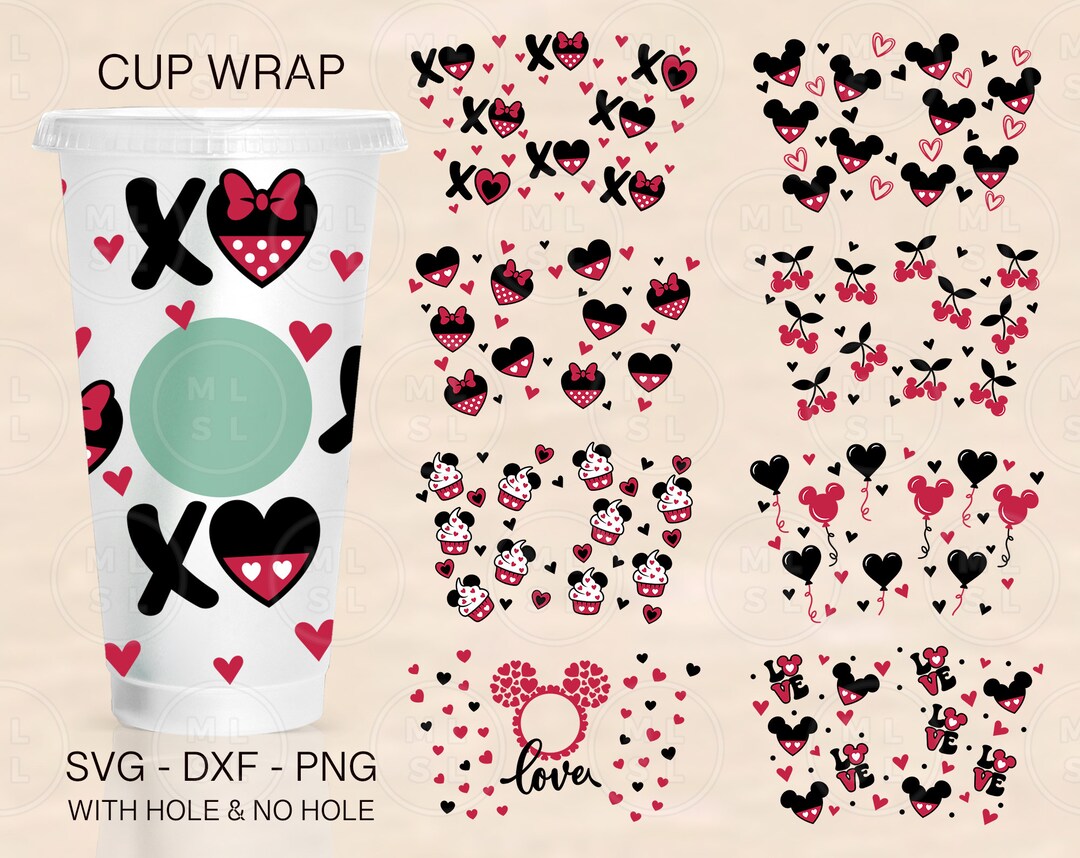 Valentines Mouse Ears Cup Wrap Bundle Svg, Valentines Full Wrap, Mouse ...
