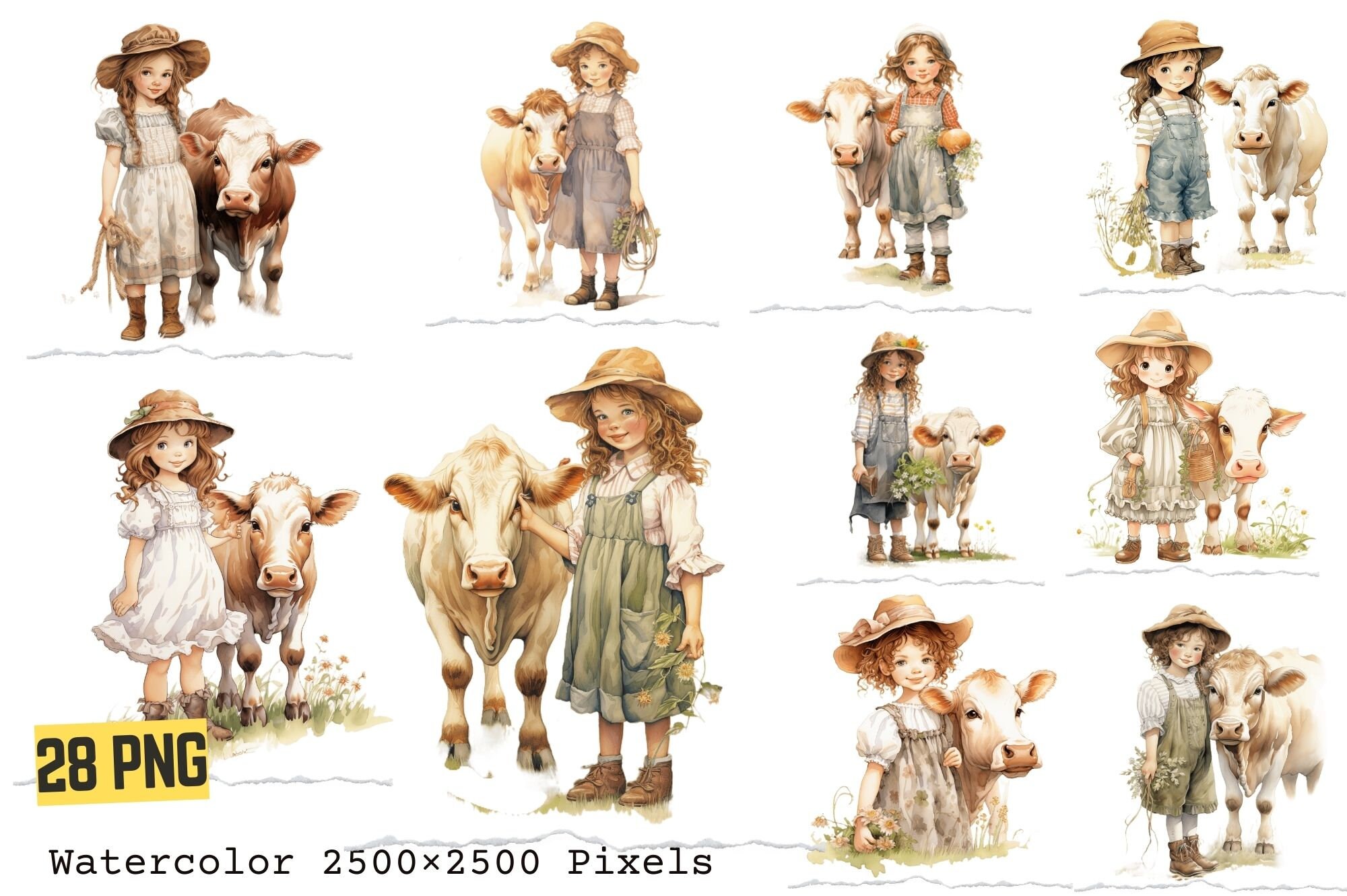 Farm Animals Watercolor Clipart, Farmer Girl Clipart, Farm Animals ...