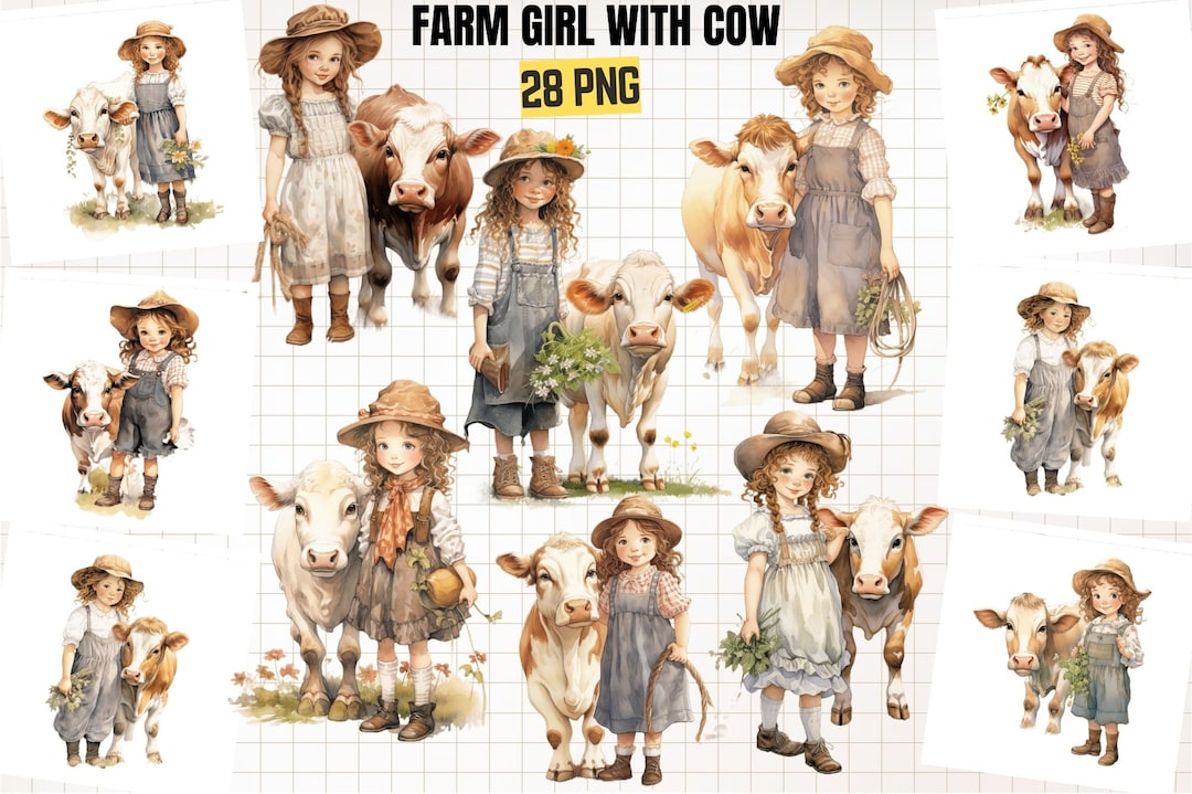 Farm Animals Watercolor Clipart, Farmer Girl Clipart, Farm Animals ...