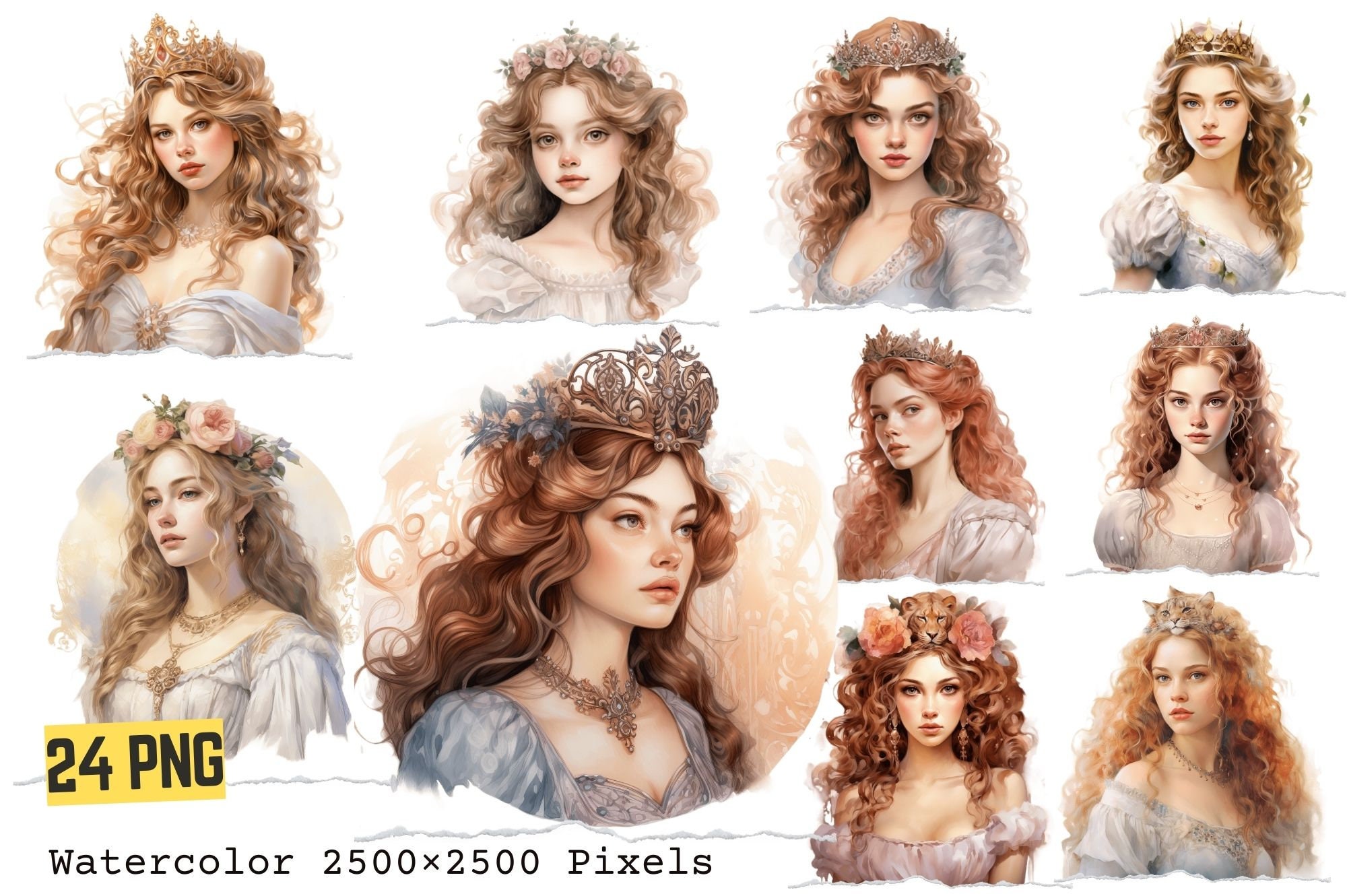 Princess Portrait Watercolor Clipart Transparent PNG Pretty - Etsy