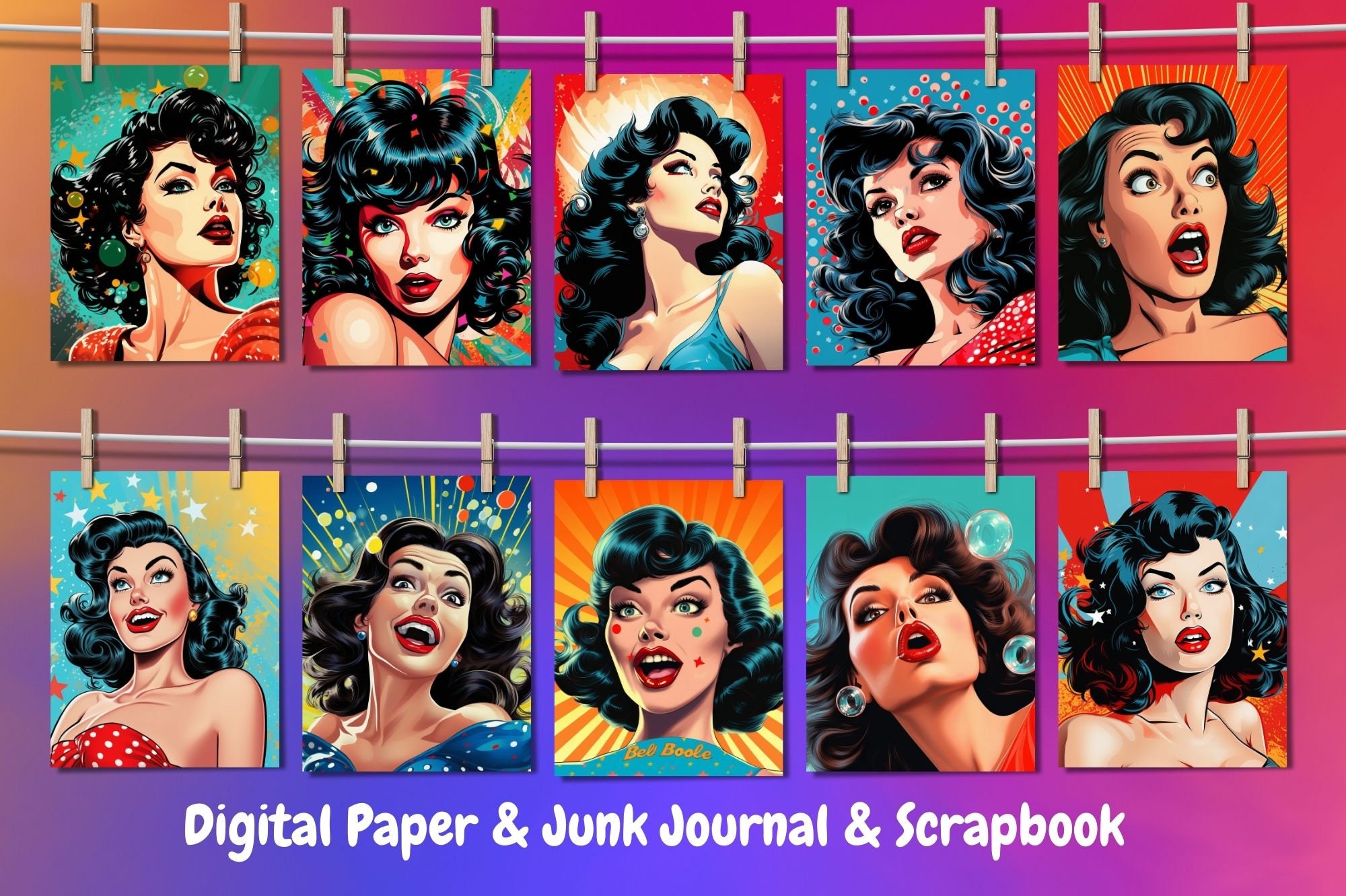 Retro Comic Pop Art Girl Bundle Clipart PNG, Pop Art Girl Pop Art ...