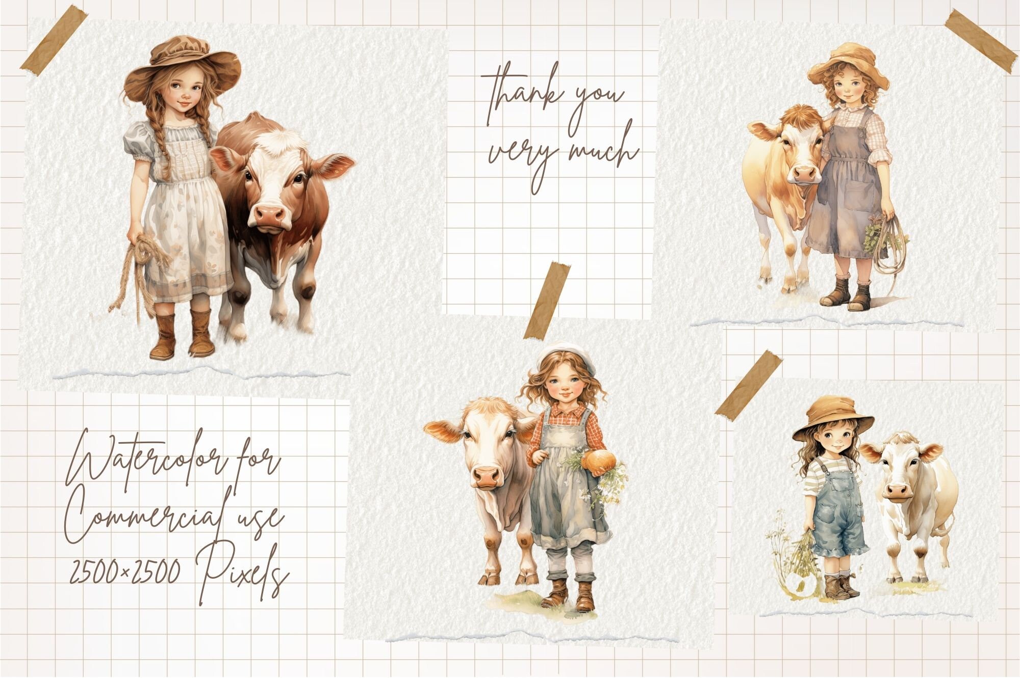 Farm Animals Watercolor Clipart, Farmer Girl Clipart, Farm Animals ...