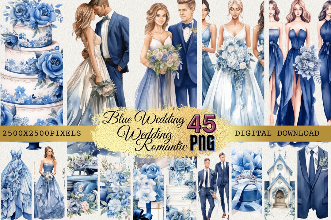 Blue Wedding Watercolor Clipart Bundle , Wedding Romantic Clipart ...