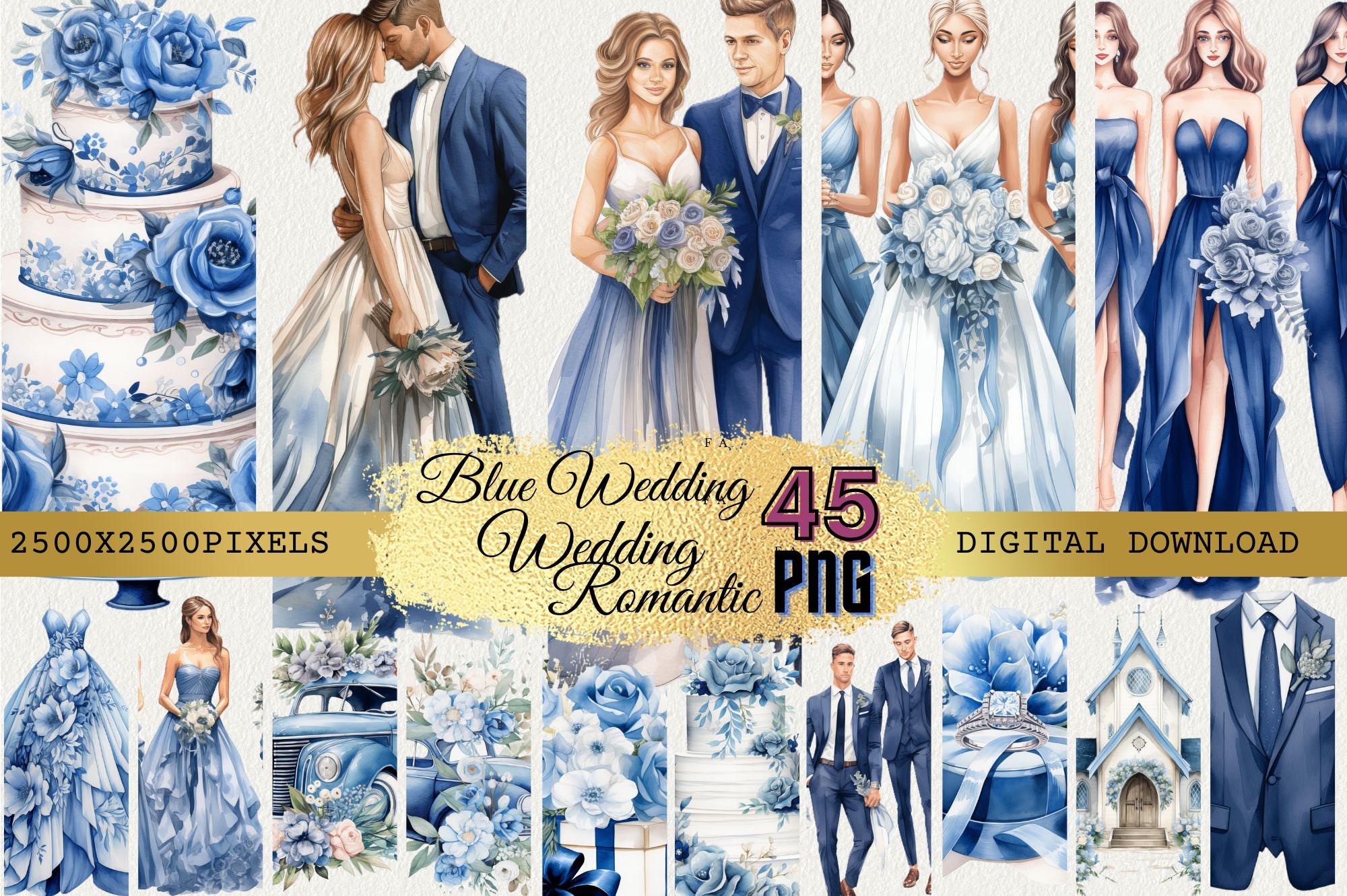 Blue Wedding Watercolor Clipart Bundle , Wedding Romantic Clipart ...
