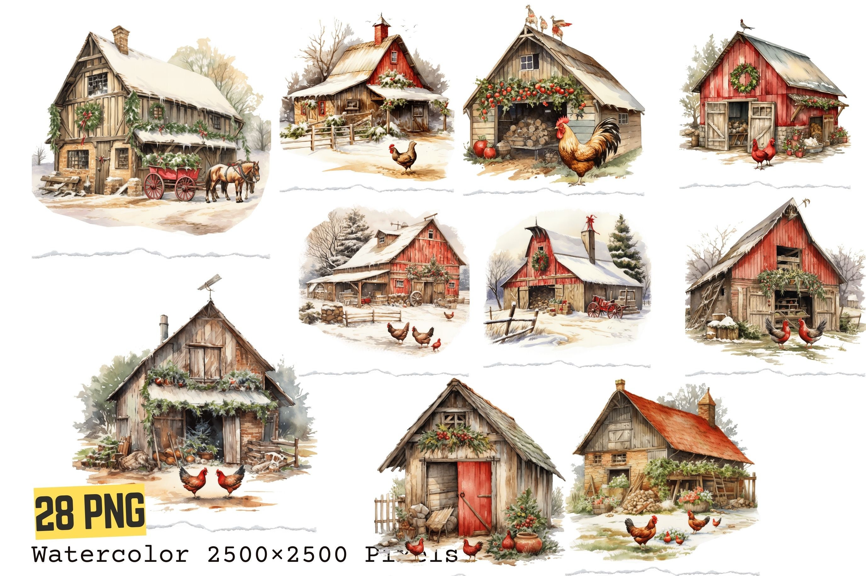 Winter Farm Barns Watercolor Clipart, Transparent PNG, Cute House,barn ...
