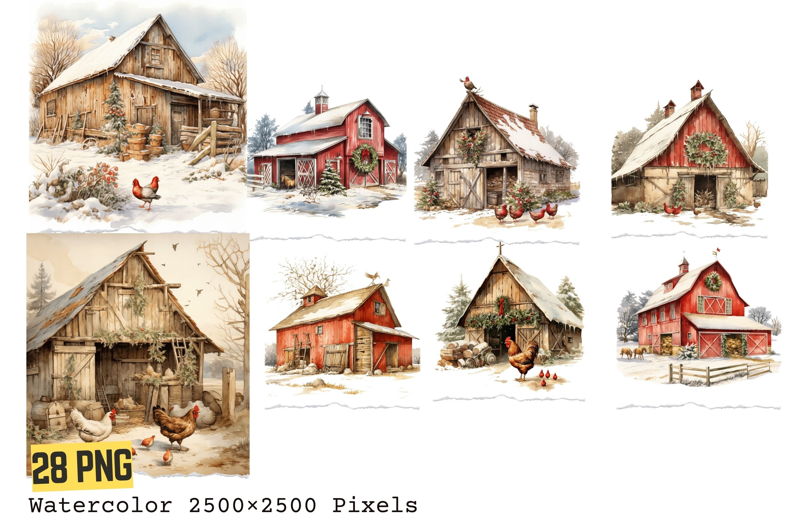 Winter Farm Barns Watercolor Clipart, Transparent PNG, Cute House,barn ...