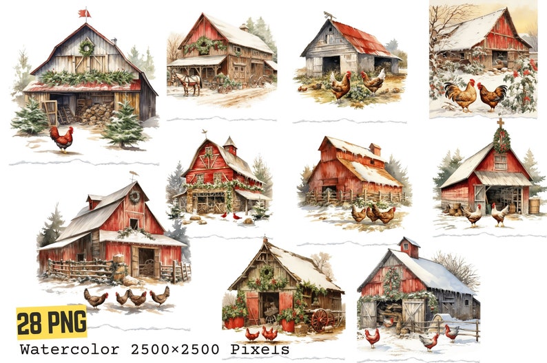 Winter Farm Barns Watercolor Clipart, Transparent PNG, Cute House,barn ...