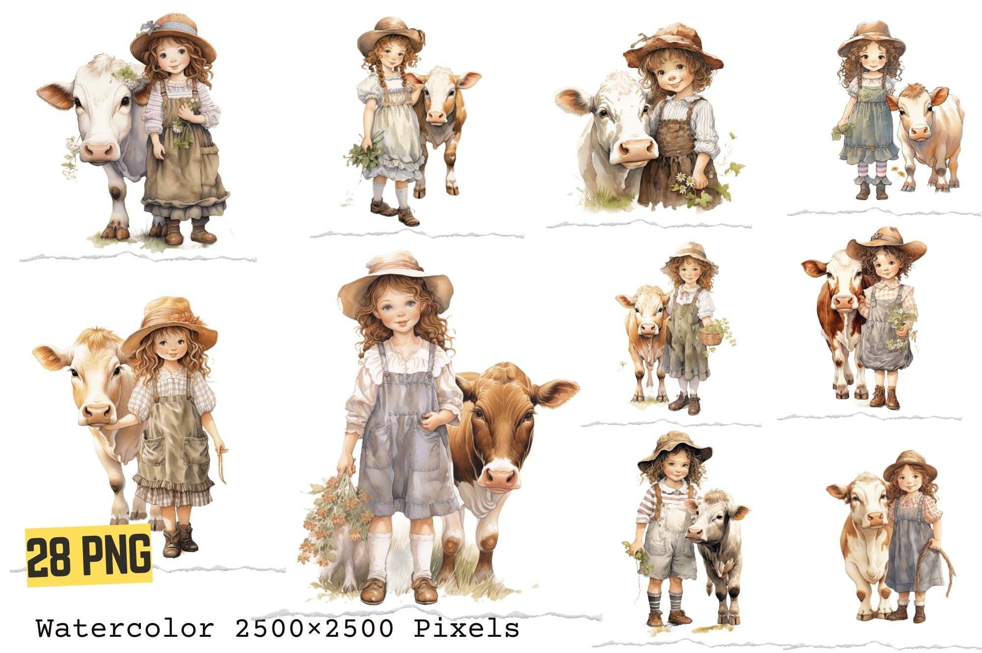Farm Animals Watercolor Clipart Farmer Girl Clipart Farm - Etsy