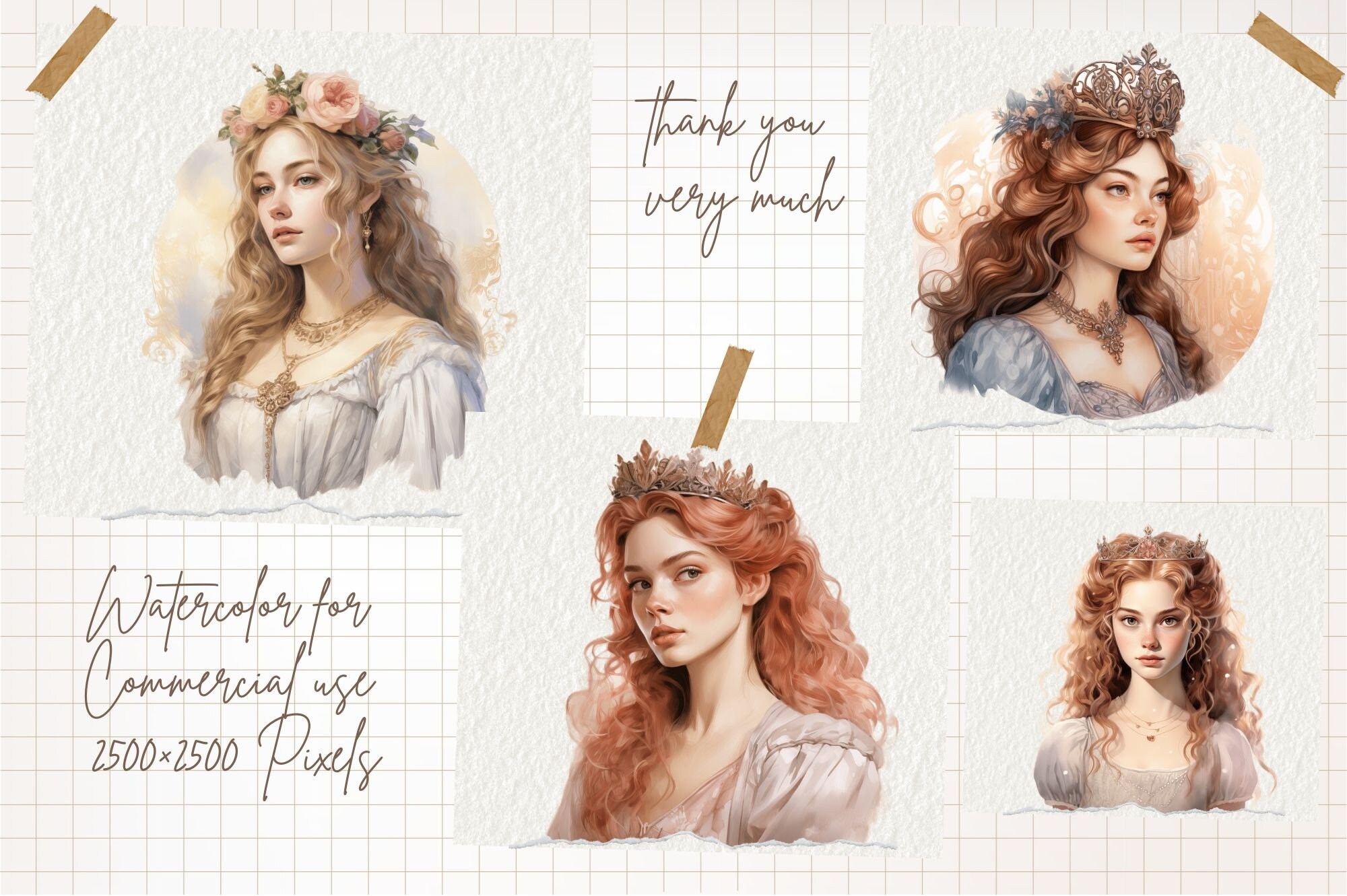 Princess Portrait Watercolor Clipart Transparent PNG Pretty - Etsy