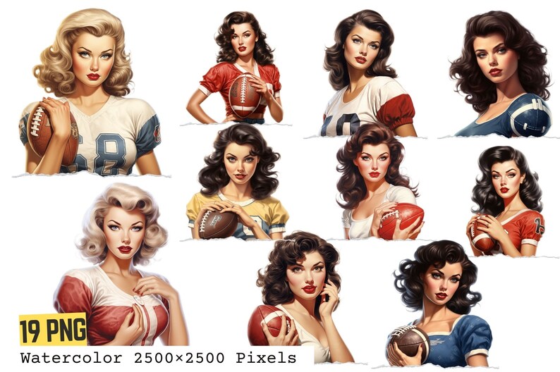 Football Pin up Girls Watercolor Clipart, Sport Mom Clipart, Football ...