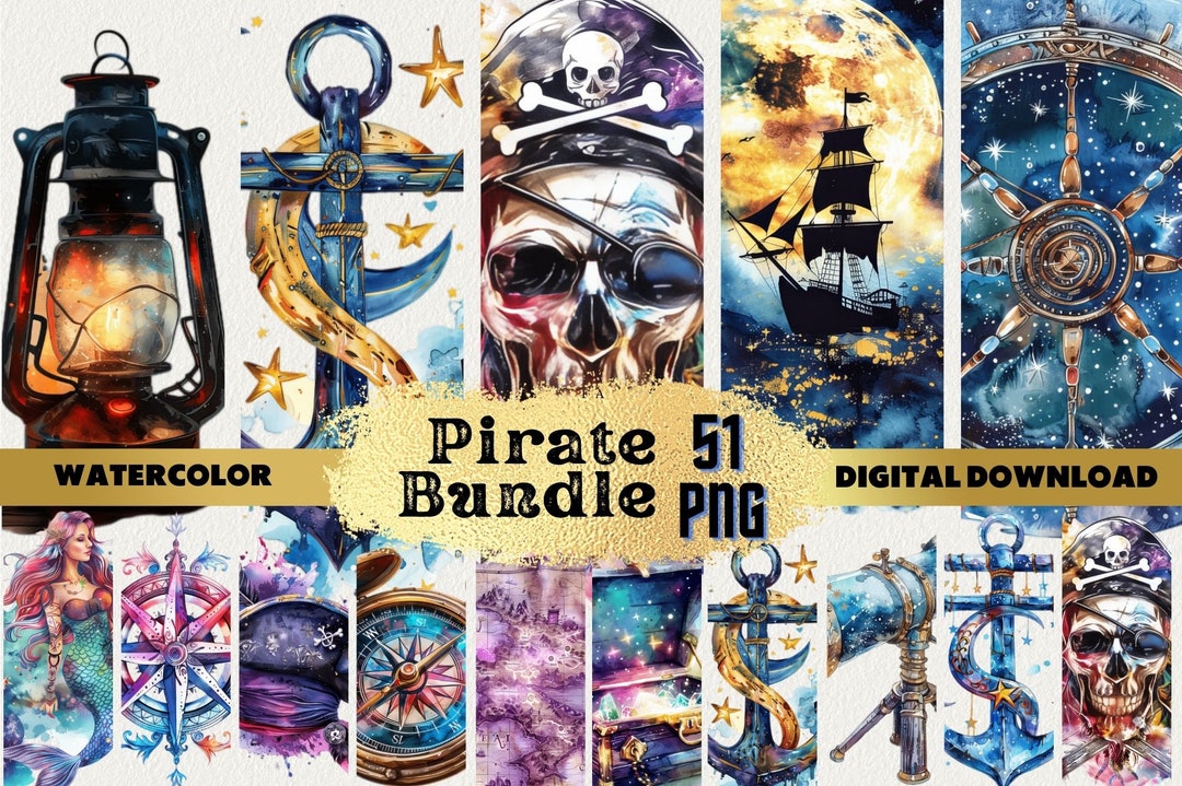 Pirate Watercolor Clipart, Pirate Skull Black Style, Magical Clipart ...