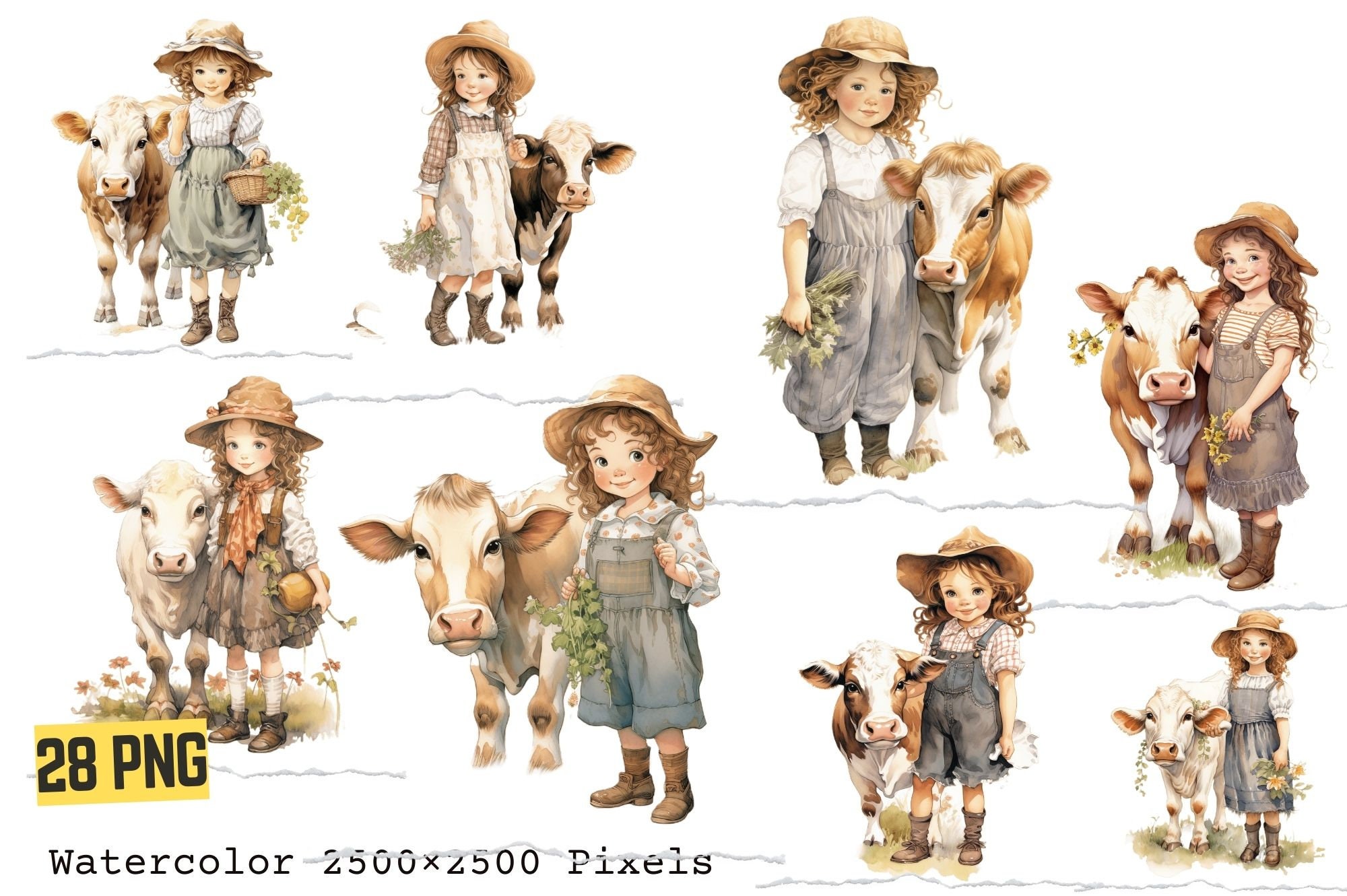 Farm Animals Watercolor Clipart, Farmer Girl Clipart, Farm Animals ...