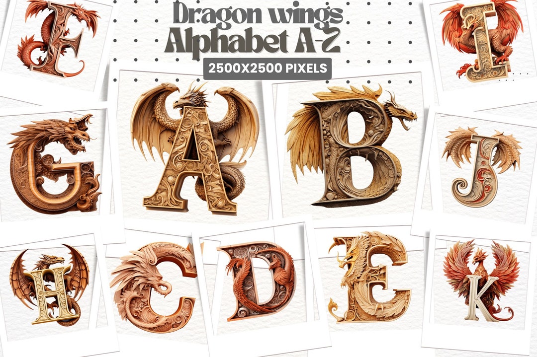 Buy Dragon Letters Alphabet Clipart, Chinese Dragon Wings Alphabet ...