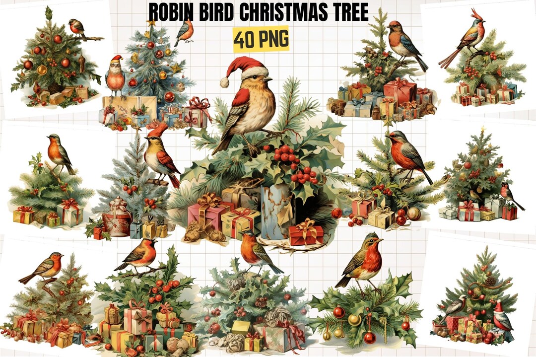 Robins Christmas Tree, Robins in the Snow Watercolor, Robins Christmas ...