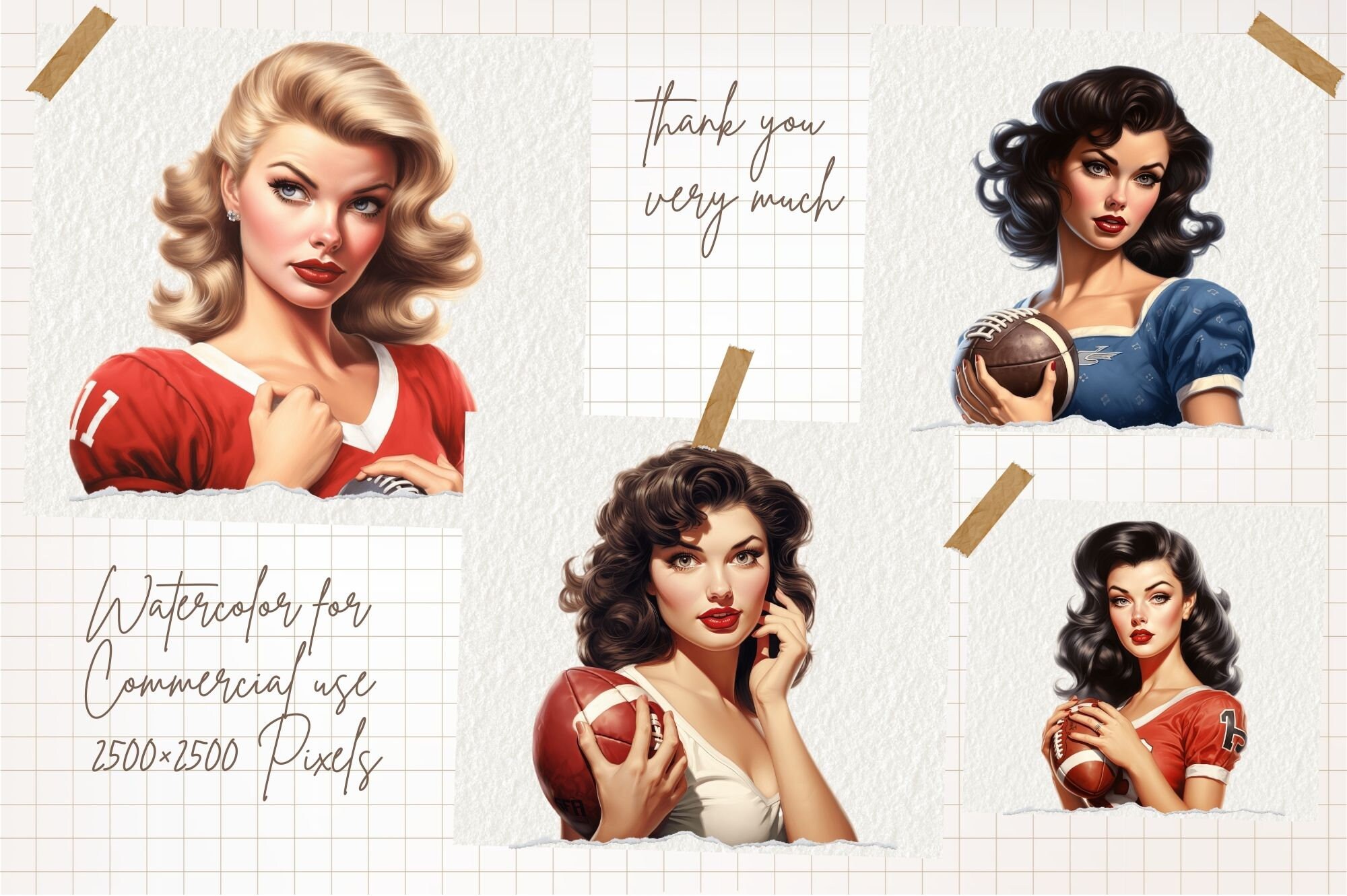 Football Pin up Girls Watercolor Clipart, Sport Mom Clipart, Football ...