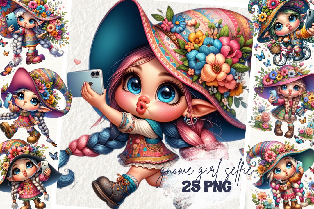 Gnome Girl Selfie, Camera Photographer Gnome Clipart Bundle, Camera ...