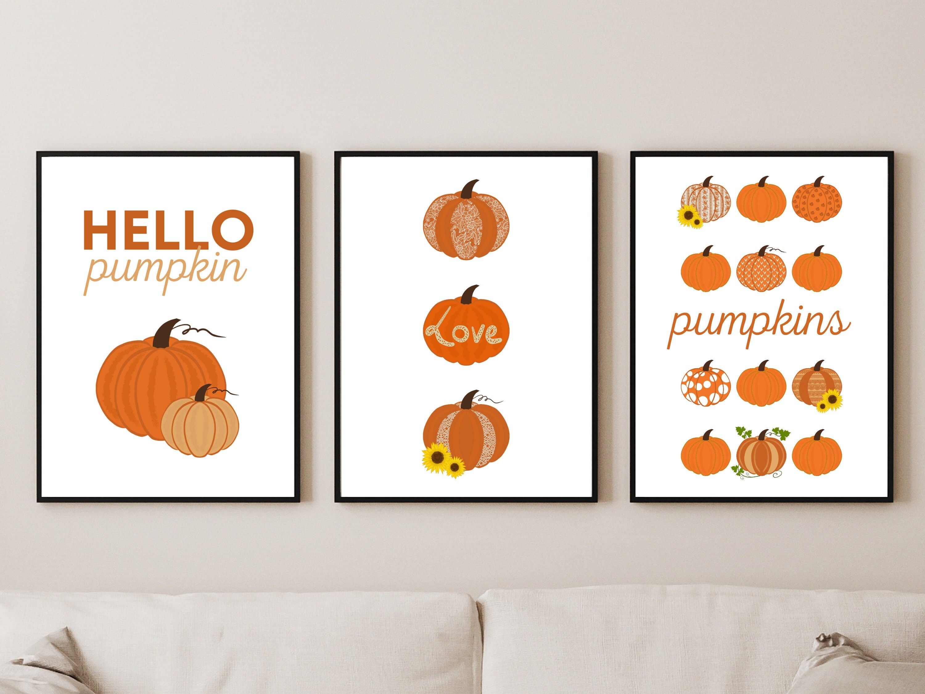 Set of 3 Pumpkin Printable, Halloween Decor, Autumn Wall Art, Fall Wall ...