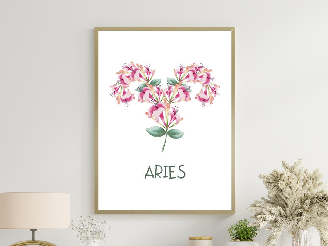 Aries Zodiac Birth Flower Print, Honeysuckle Wall Art, JPG and PDF ...