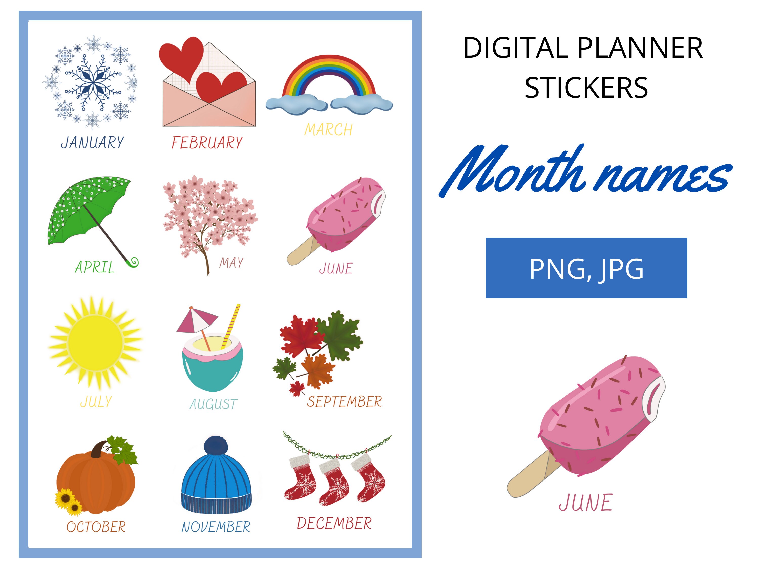 Month Stickers for Planner, Seasonal Calendar Month Names, Calendar ...