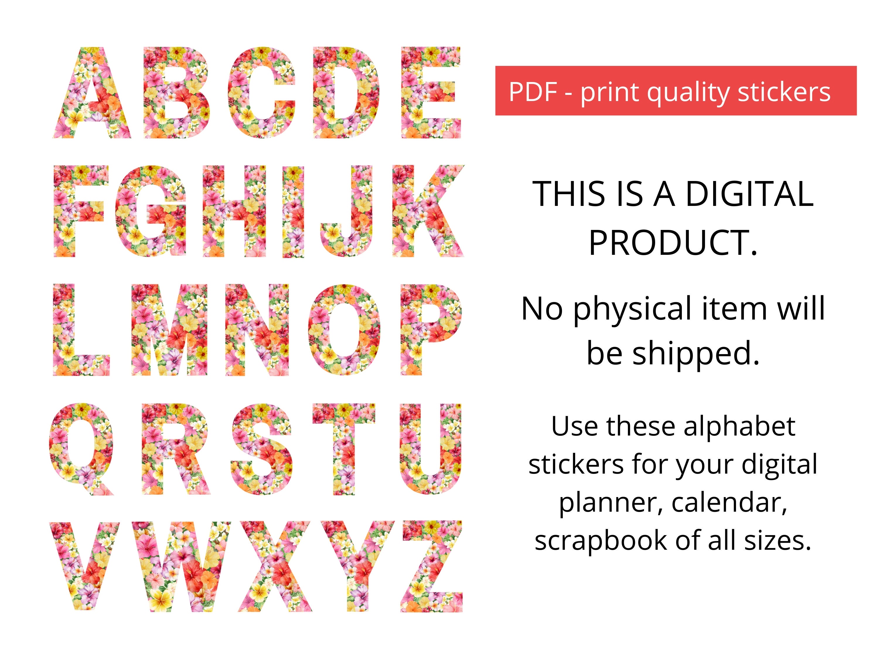 Floral Alphabet Stickers Sheet, Letter Printable Sticker, Digital ...