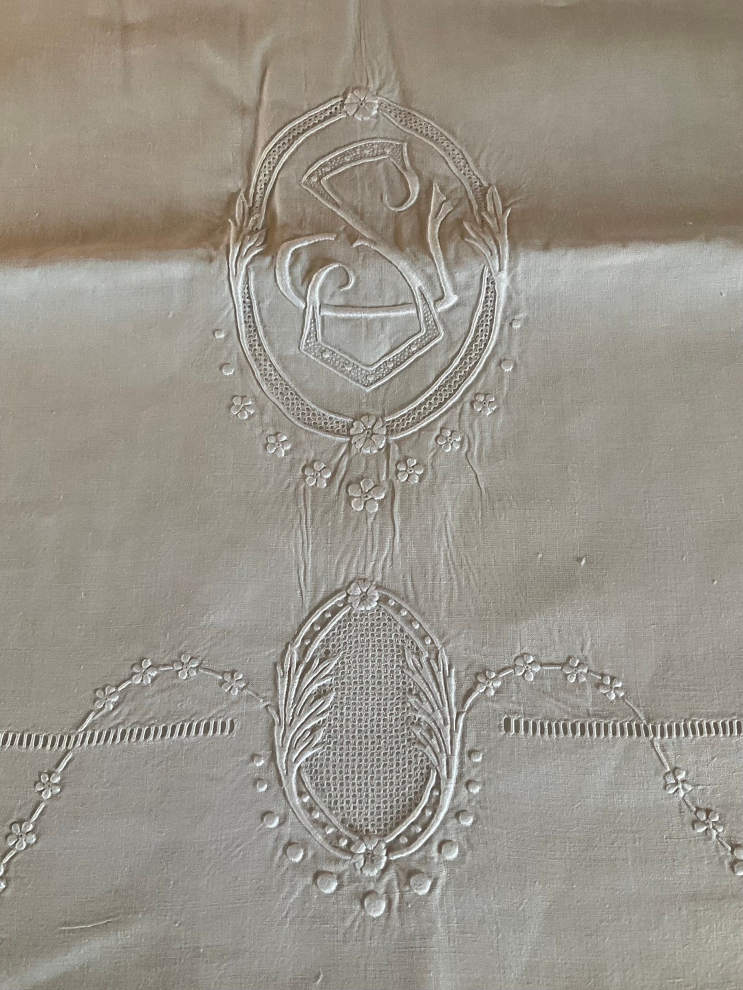 Antique French Pure Linen Hand Embroidered Monogrammed Dowry Sheet Lots ...