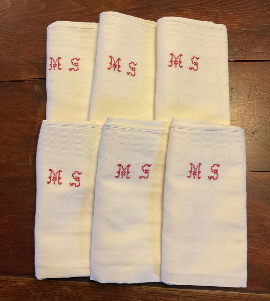 Six Vintage French Damask Hand Stitched Hand Embroidered Monogrammed ...