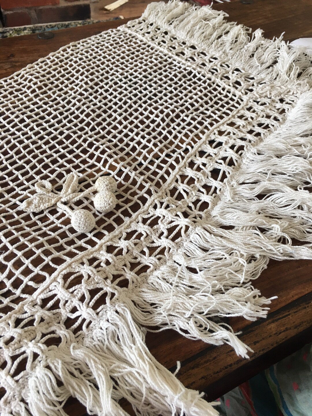 Vinatge French Handmade Cotton Crochet Window Panel With Appliqué ...