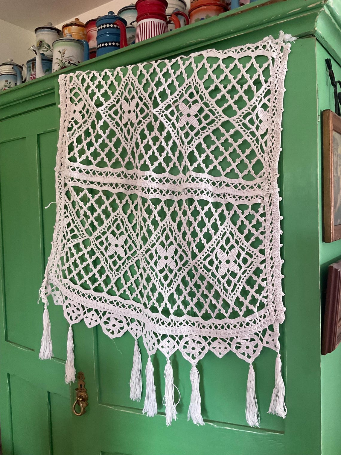 Vintage French Handmade Cotton Crochet Window Panel/ Table Runner With ...