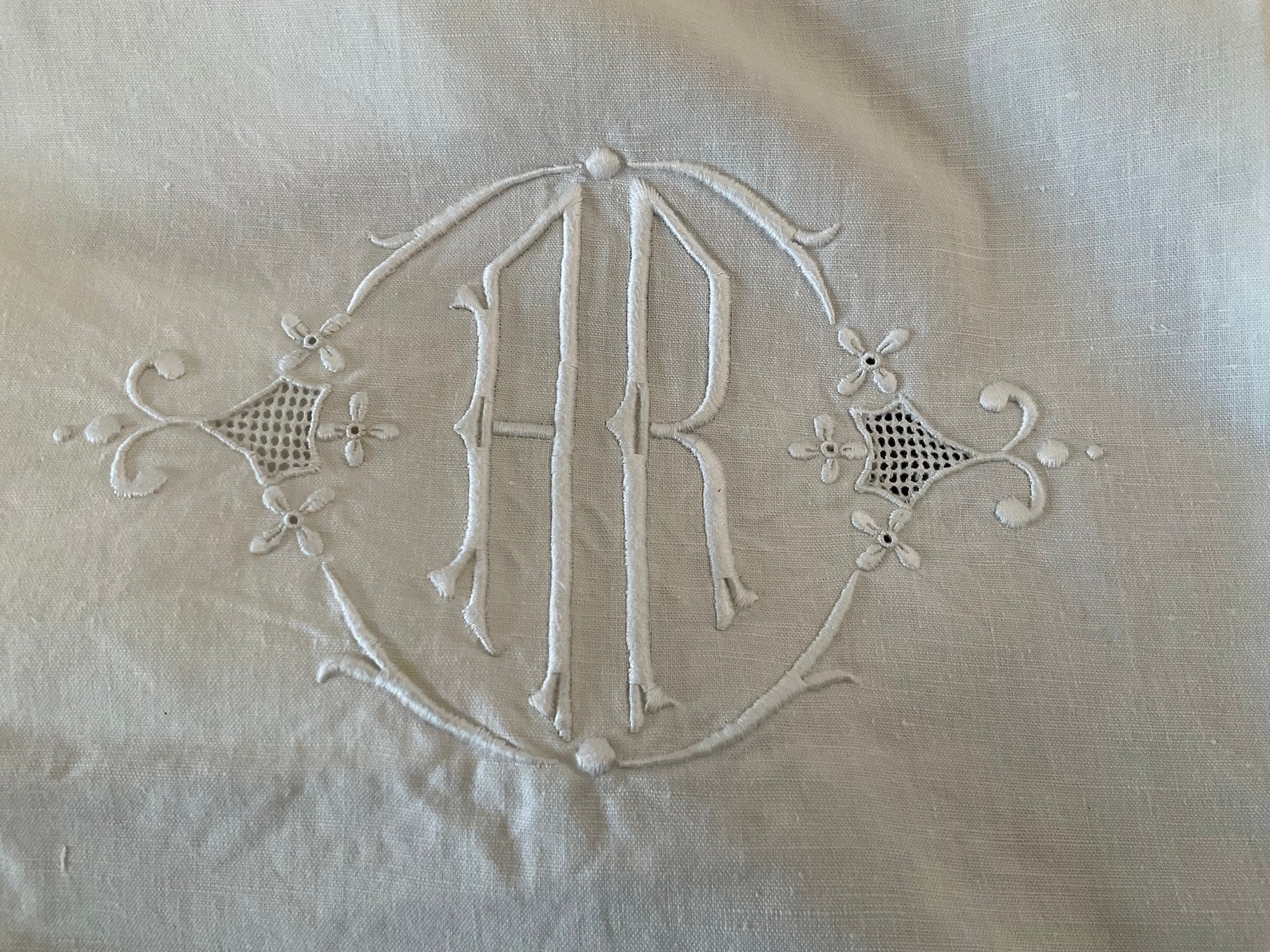 Vintage French Large Metis Linen Hand Embroidered Monogram Dowry Sheet ...