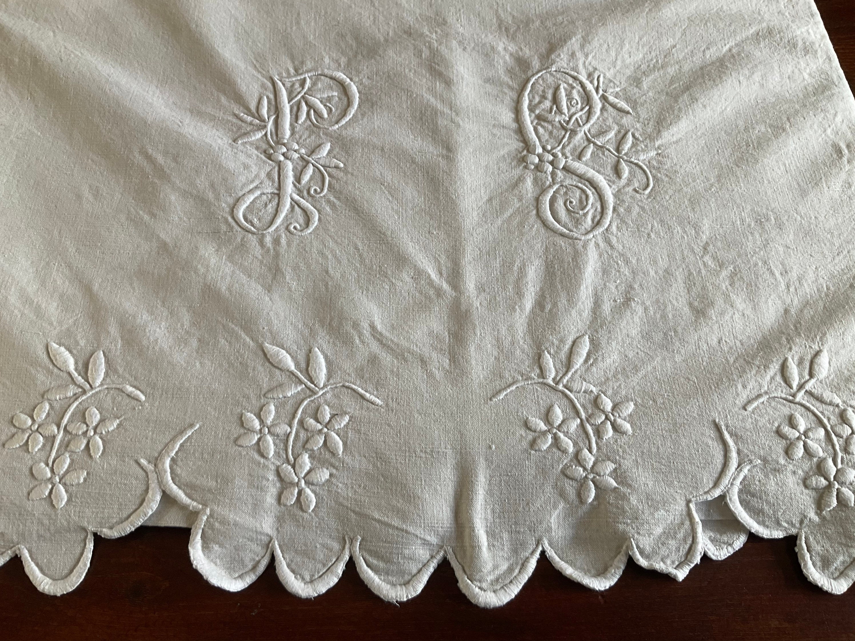 Exquisite Antique French Large Pure Linen Hand Embroidered Monogram ...