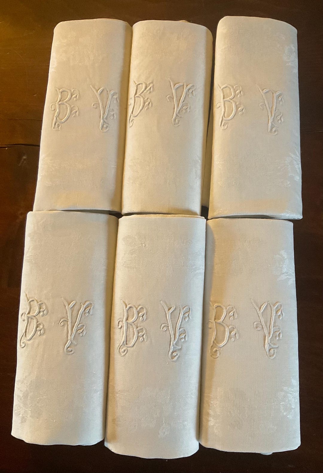 Fabulous Set of Six Antique French Damask Cotton Hand Embroidered ...