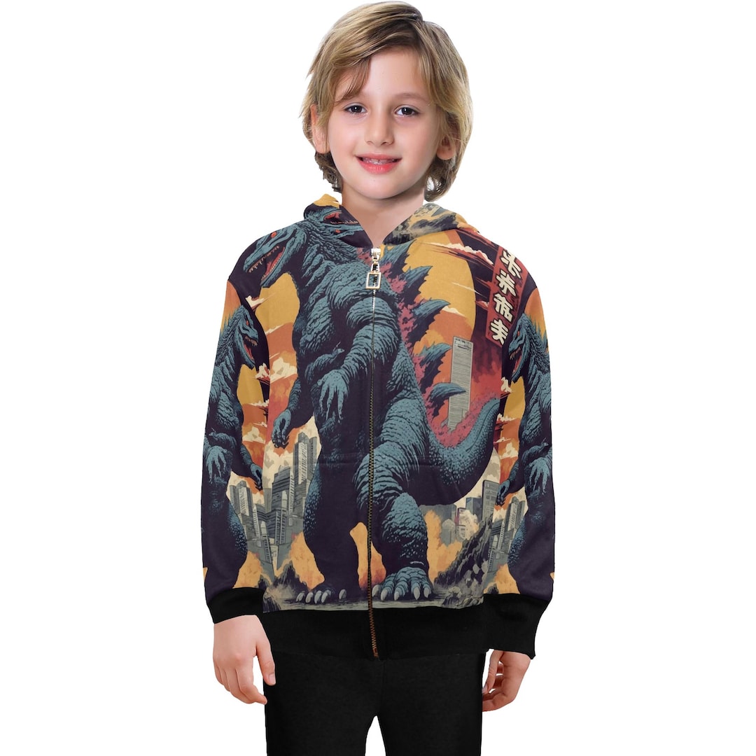 Hoodie With Zipper Boys Kids Godzilla Kaiju Gojira Retro Art Comics ...
